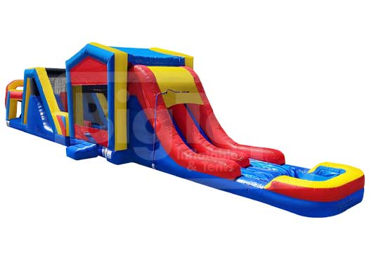 65' Inflatable 2-Piece Combo Bounce Obstacle with Dual Slides and Pool ...